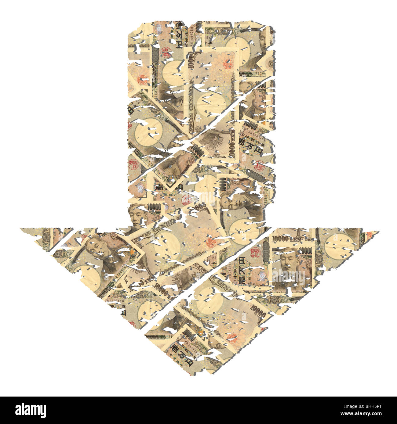 grunge downwards Japanese Yen arrow on white illustration Stock Photo ...