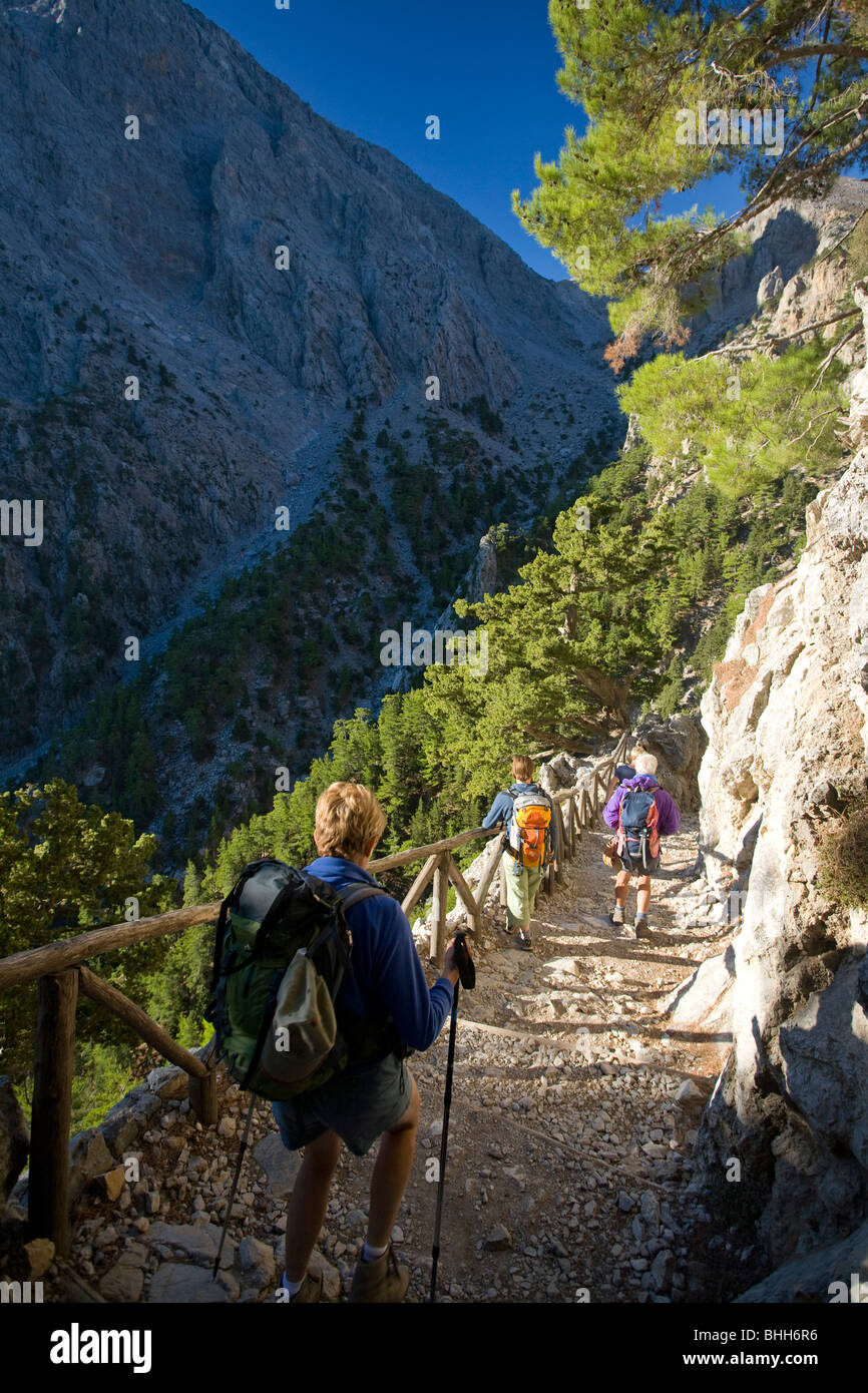 Hikers descending into the Samaria Gorge, Samaria National Park, Crete ...