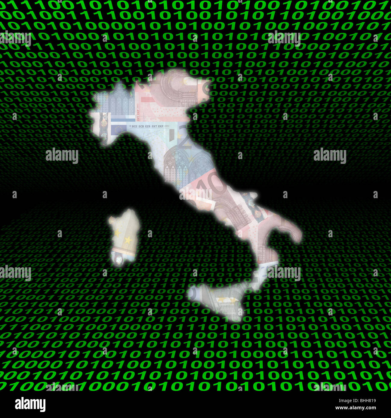 glowing Italy map with euros on green binary code Stock Photo - Alamy