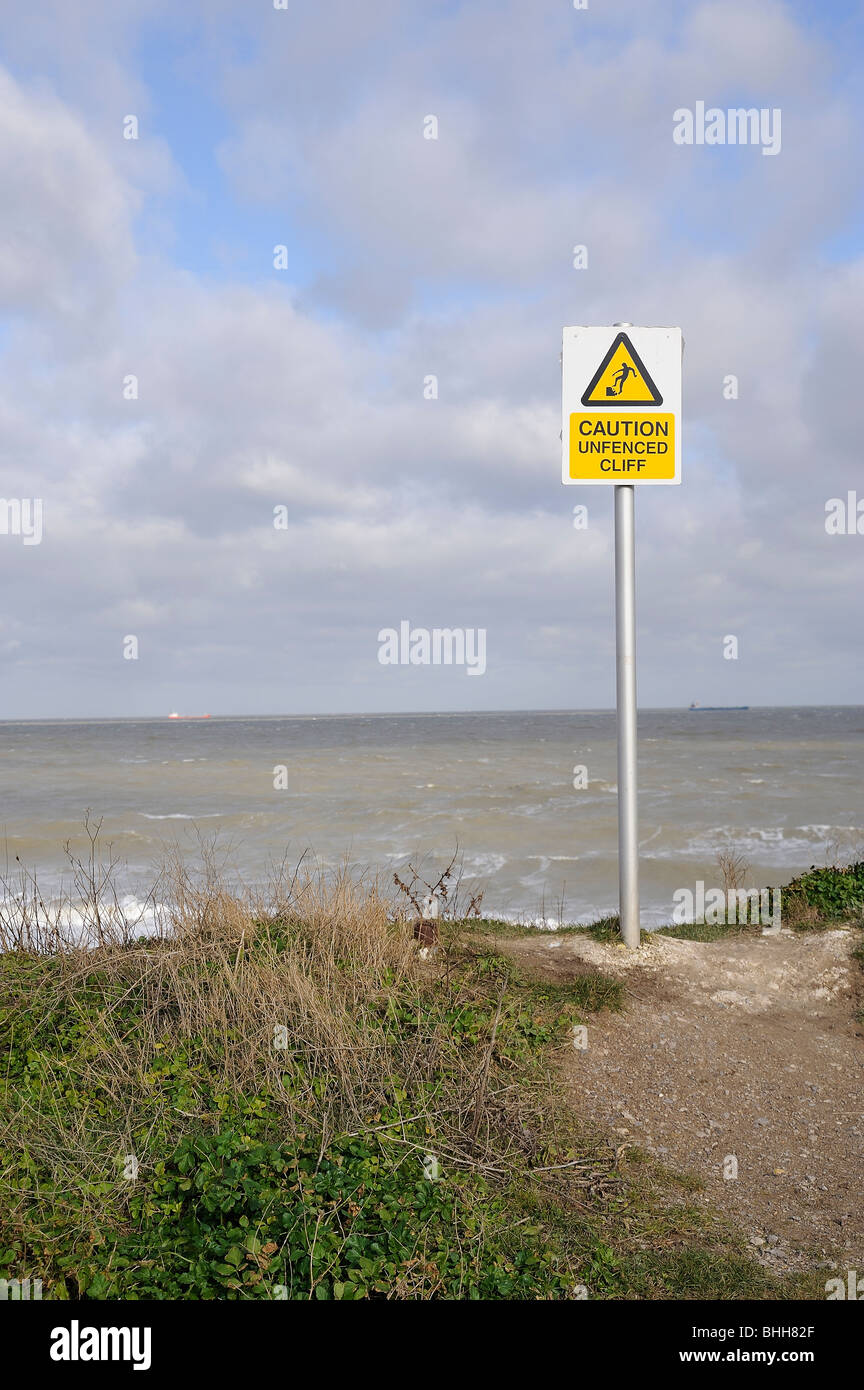 Caution Unfenced Cliff Sign joss bay Kent England Stock Photo - Alamy