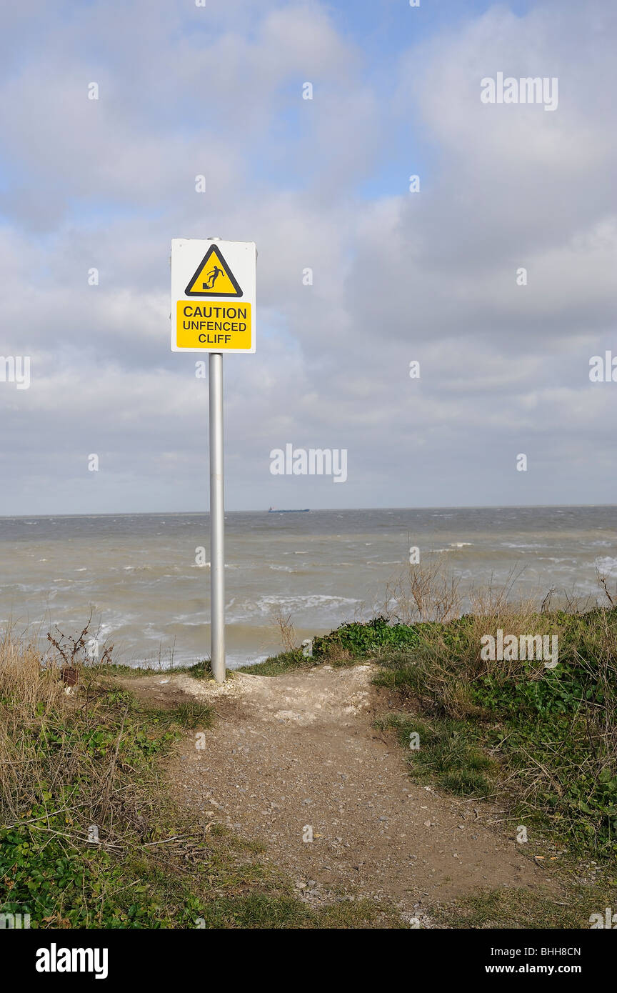 Caution Unfenced Cliff Sign joss bay Kent England Stock Photo - Alamy