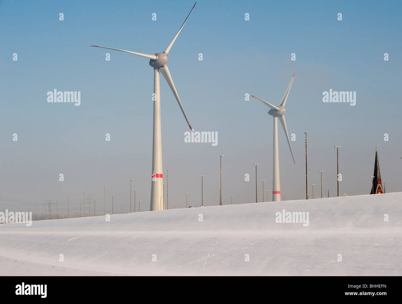 GERMANY Hamburg, Enercon windmill E-126 in Altenwerder during winter ...