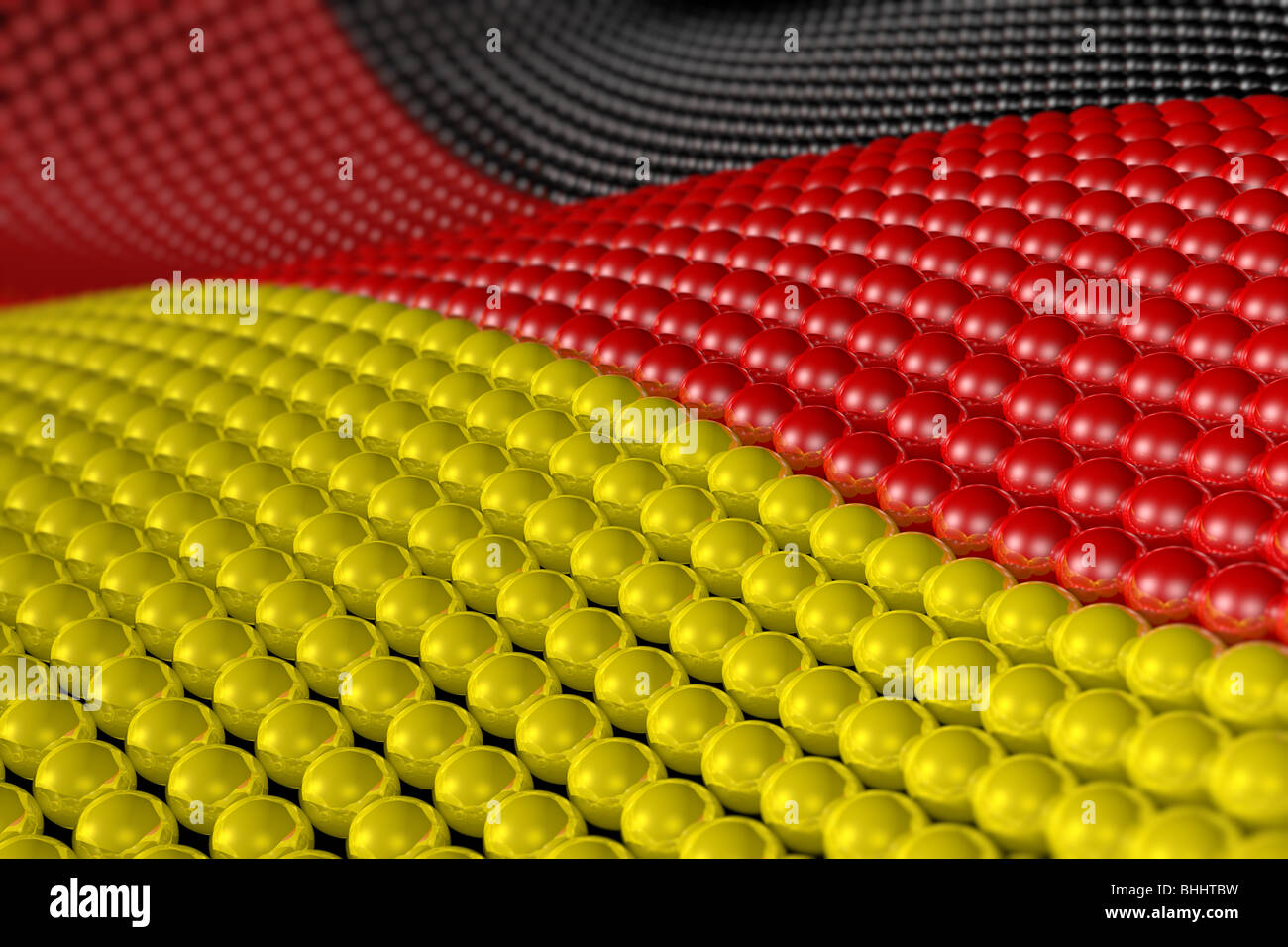 Wave of hundreds of glossy, reflective spheres with the colors of the ...