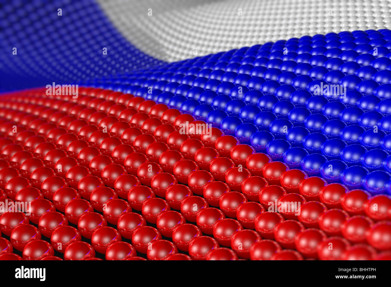 Wave of hundreds of glossy, reflective spheres with the colors of the ...