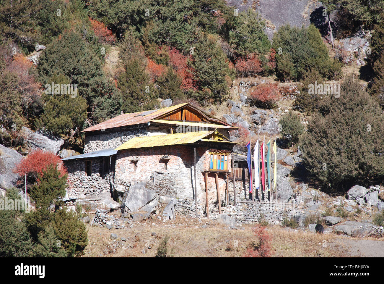 the Monastry at Ghunsa in Nepal close to the mountain of Kangchenjunga ...