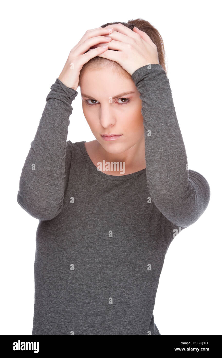 Full isolated portrait of a caucasian woman with headache Stock Photo ...