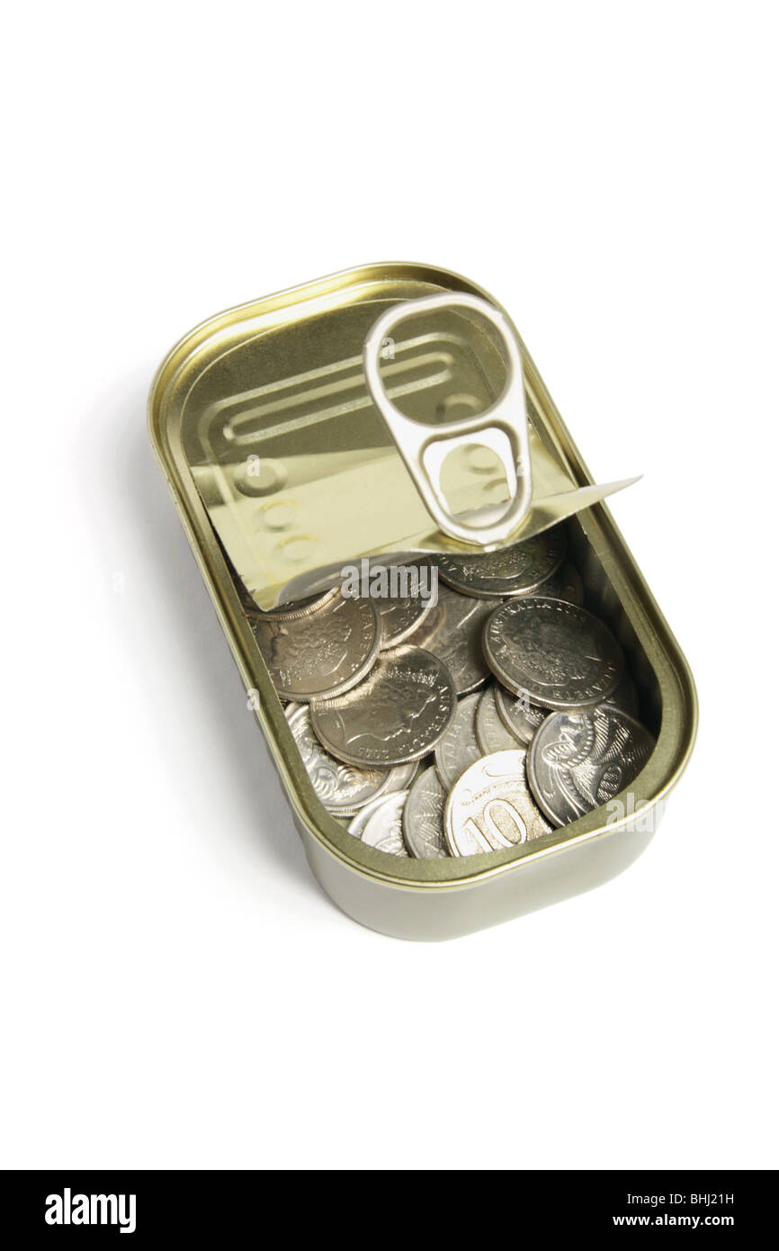 Coins in Tin Can Stock Photo - Alamy