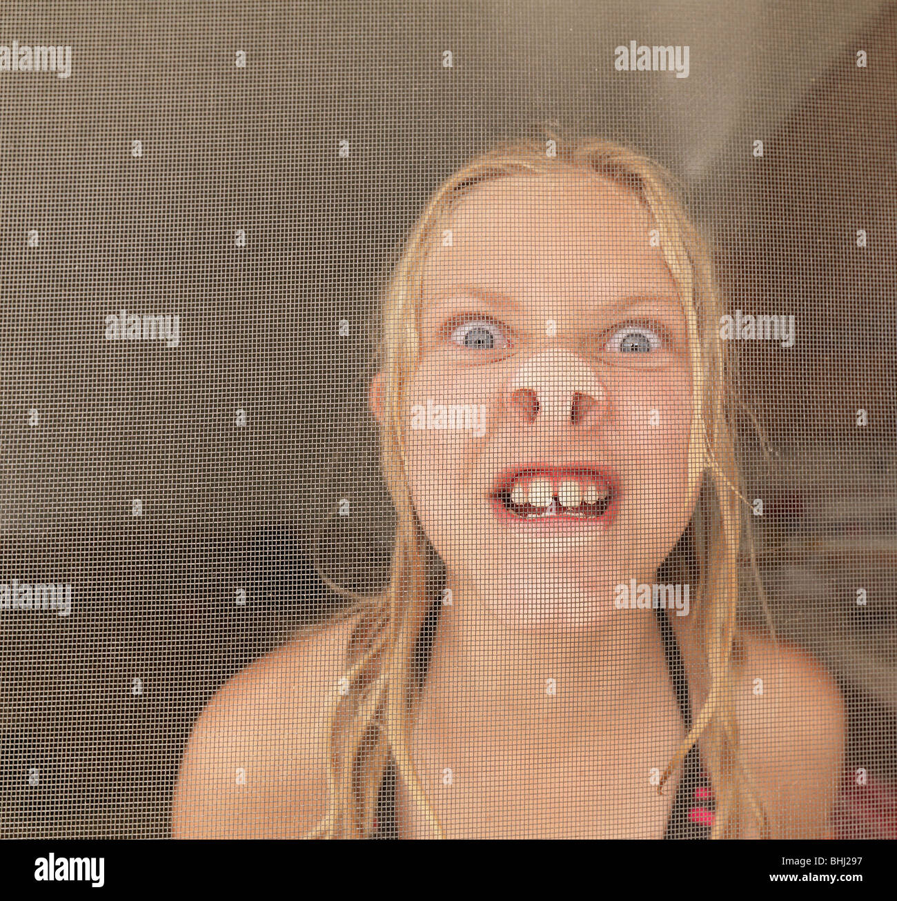 Girl pressing nose against screen door Stock Photo - Alamy