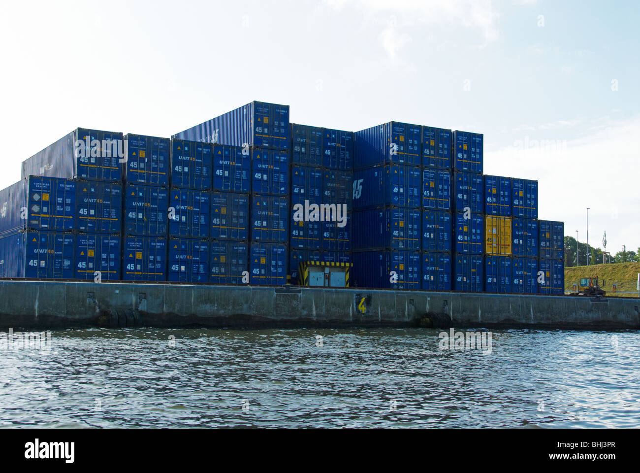 Containers for hire at the habour front in Lübeck, Germany Stock Photo ...
