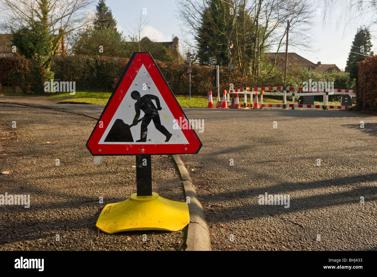 Road works ahead traffic road sign in Seer Green Buckinghamshire UK ...