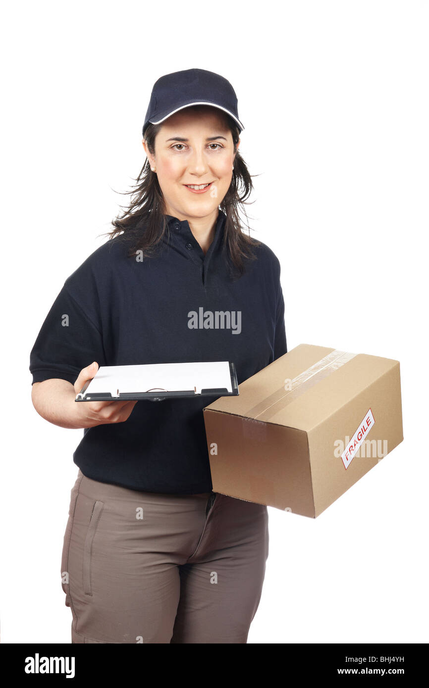 Courier woman delivering a parcel fragile and holding a clipboard for a ...