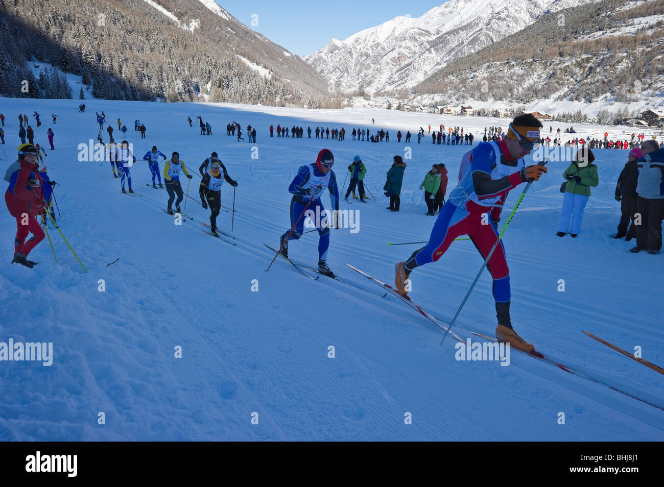 Italy, Aosta valley, Cogne, skiers during a long-distance ski ...