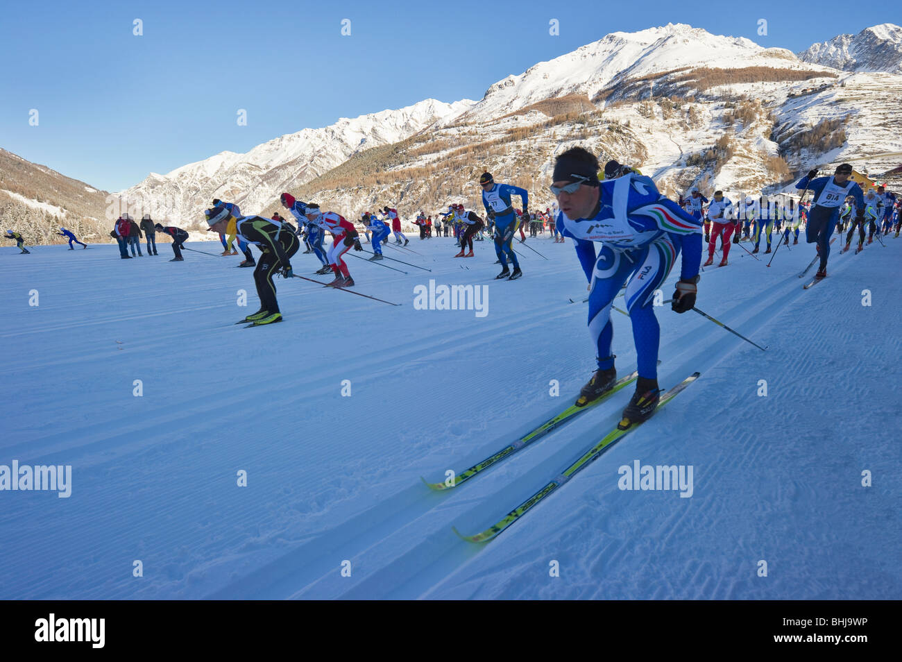 Italy, Aosta valley, Cogne, start of a long distance ski competition ...