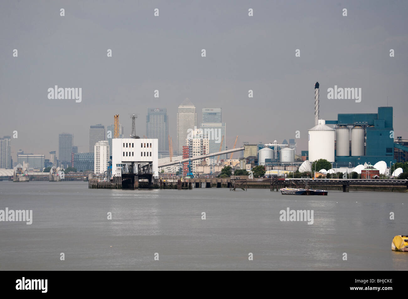 View upstream along River Thames from Woolwich towards Thames Barrier ...