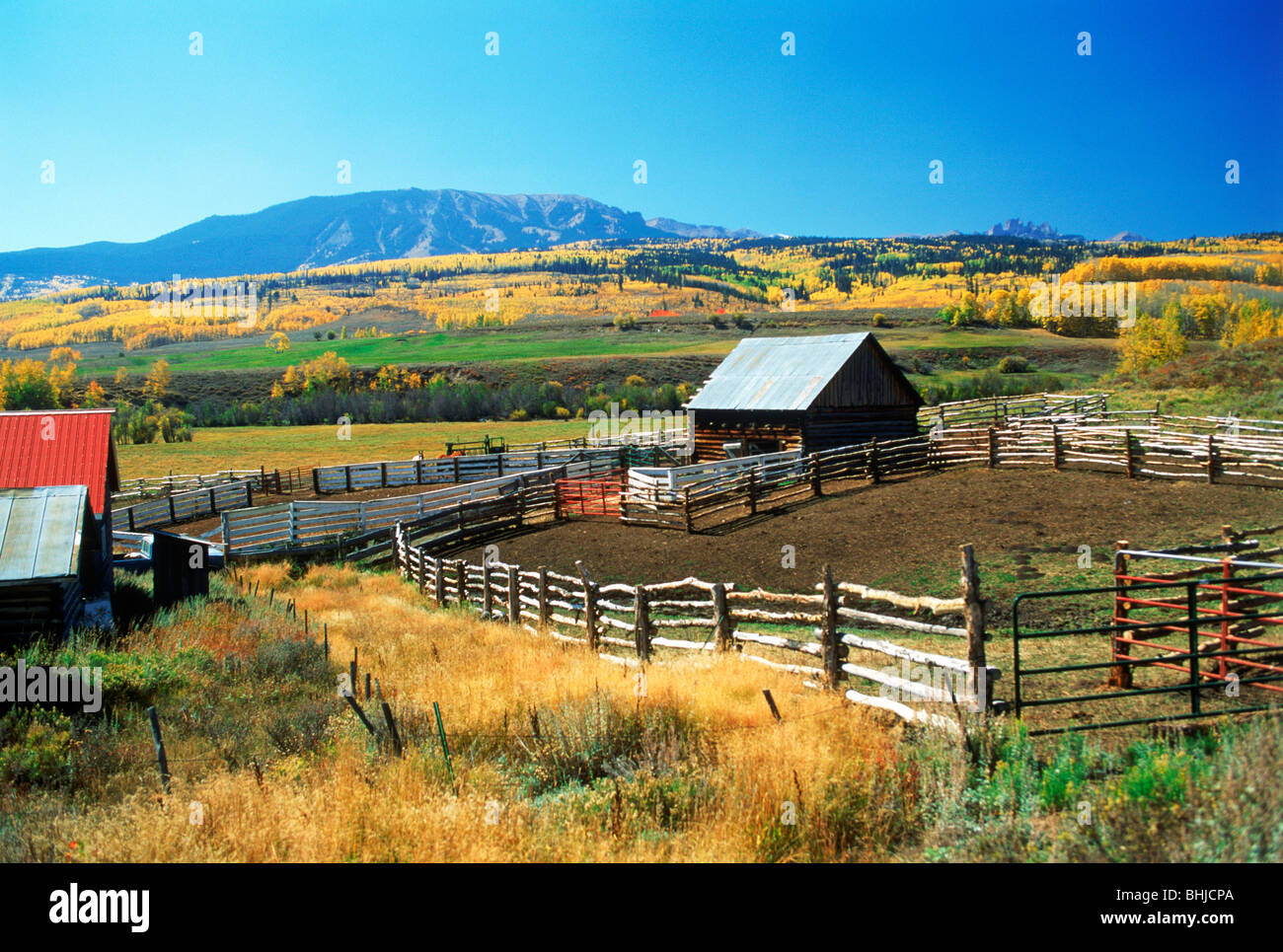Farm house and cattle or horse corrals on ranch at Ohio Creek in the ...