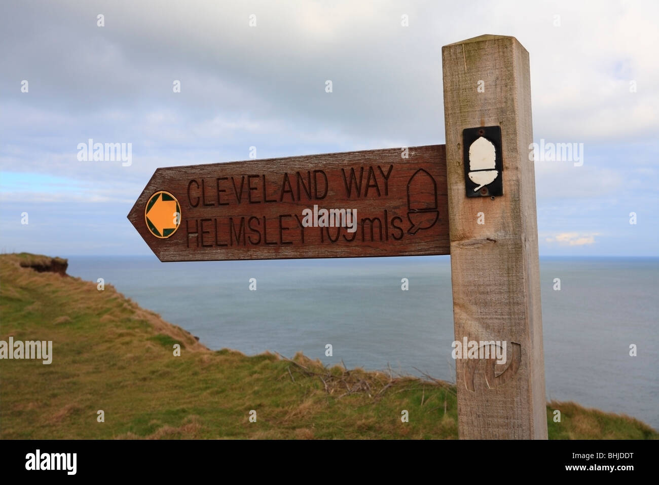 Cleveland Way National Trail waymarker on Filey Brigg, Filey, North ...