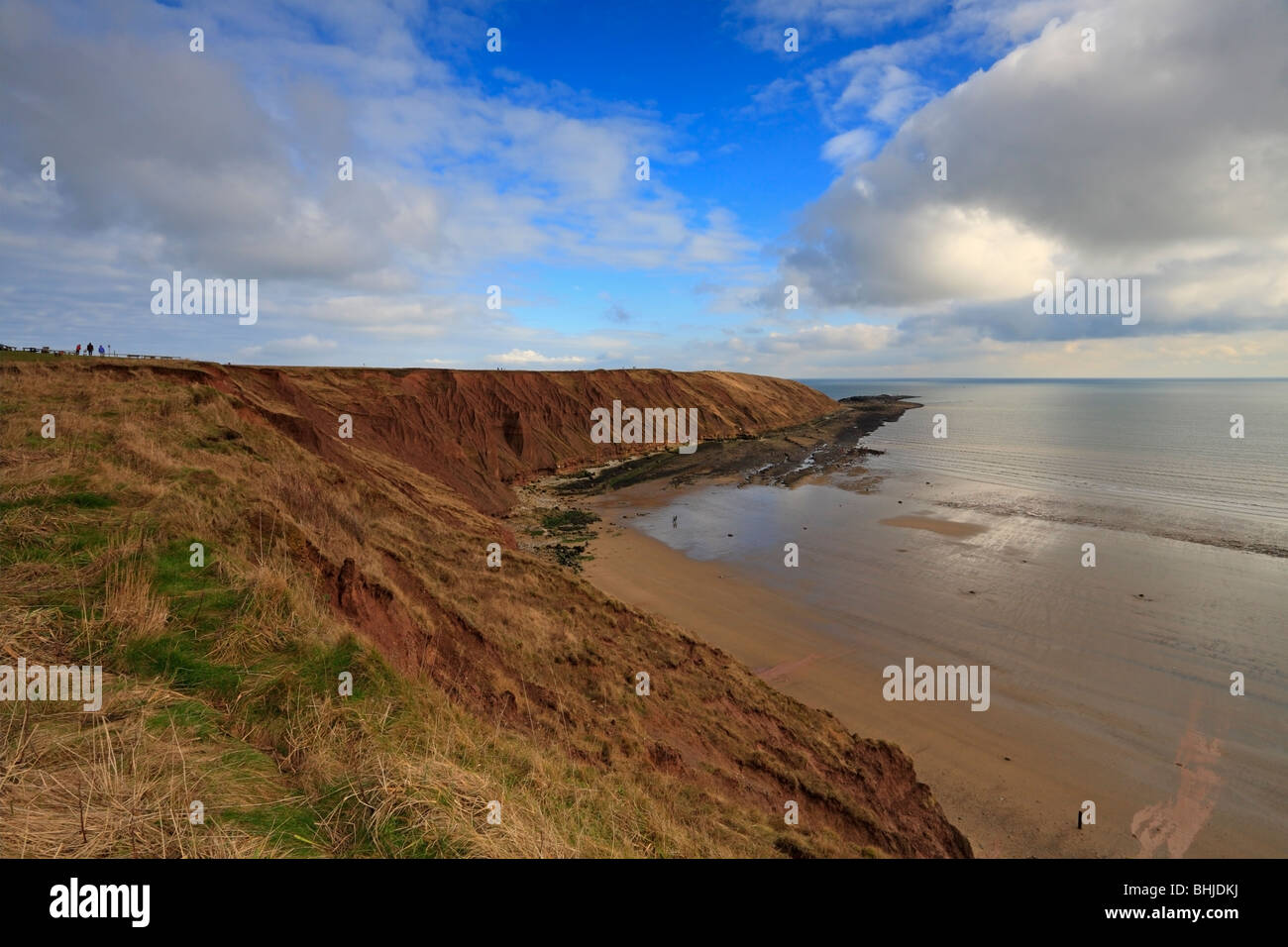 Filey Brigg natural rock promontory and beach from the Yorkshire Wolds ...