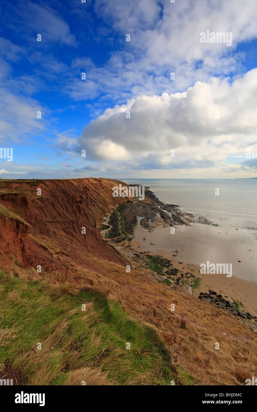 Filey Brigg natural rock promontory and beach from the Yorkshire Wolds ...