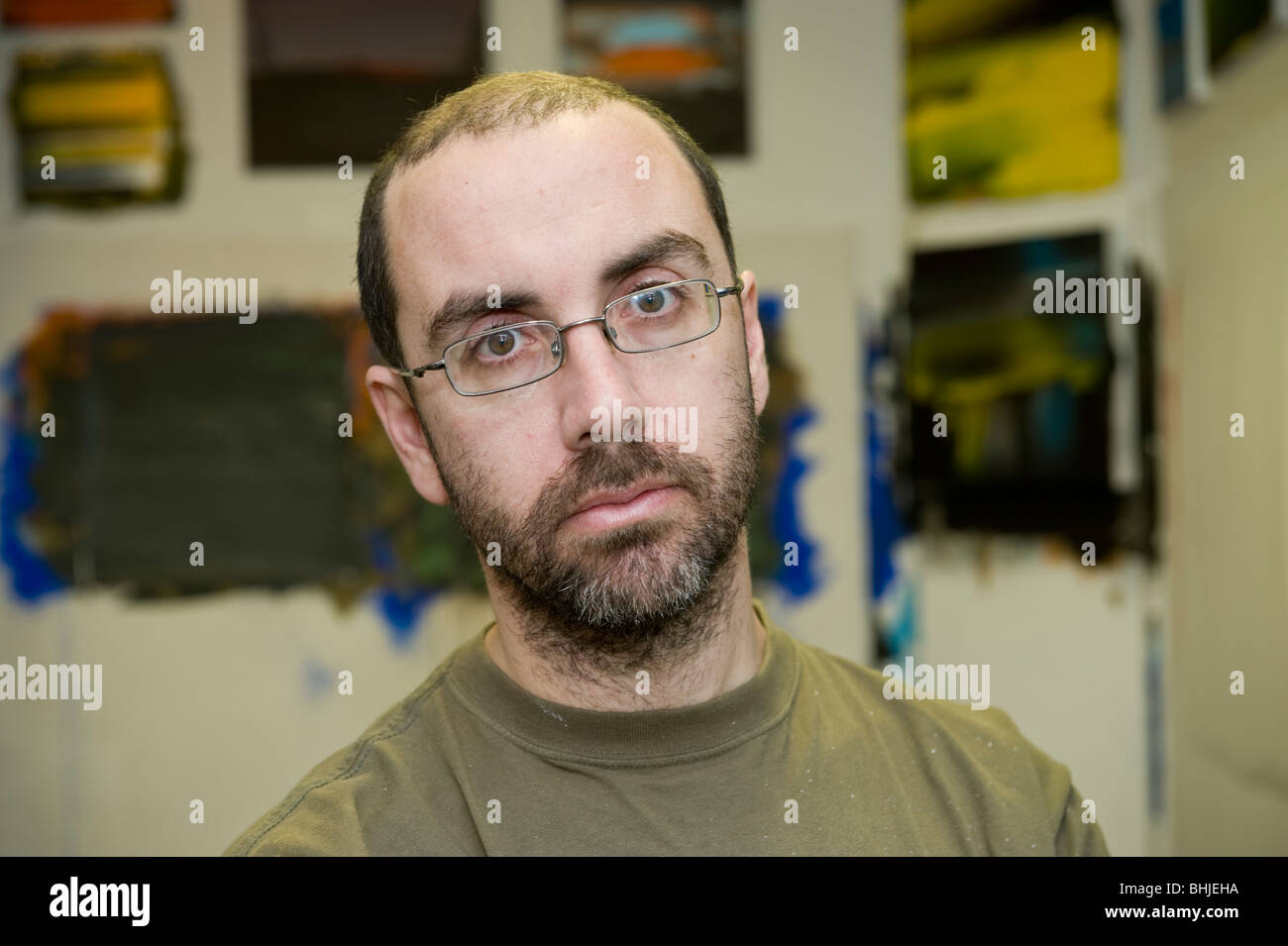 Welsh artist Elfyn Lewis in his studio at Cardiff Bay South Wales UK ...