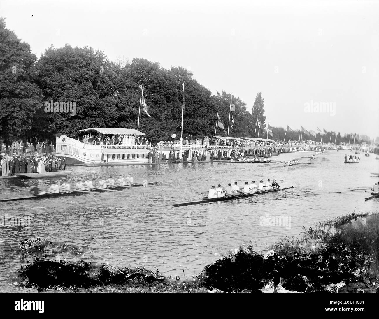 Spectators watching a boat race during Eights Week, Oxford, c1860-c1922 ...