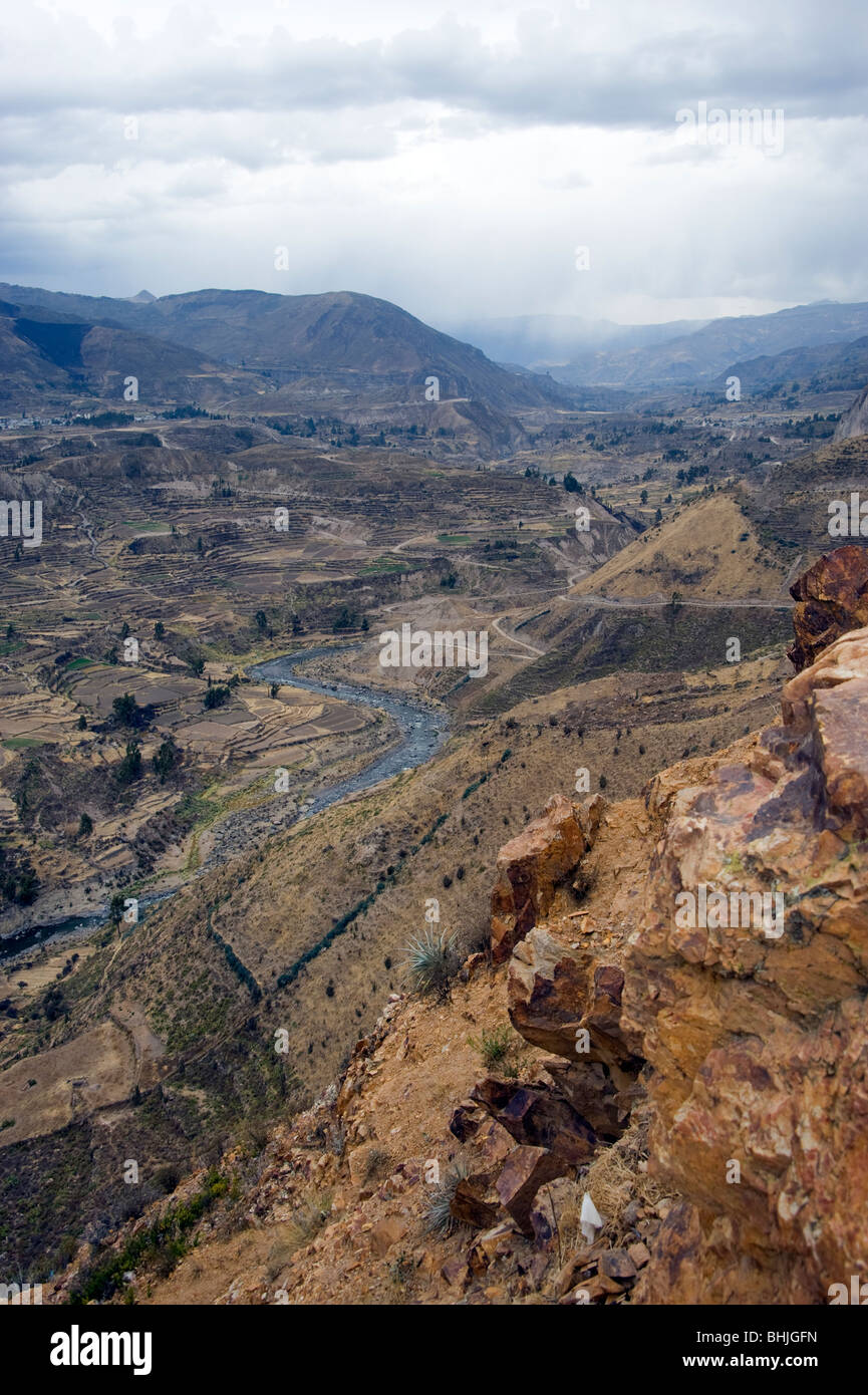 A view of the Colca river and terraces in Colca Canyon,Peru Stock Photo ...