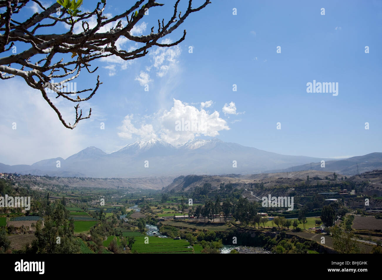 A view of the countryside and snow-capped volcanoes in Arequipa, Peru ...