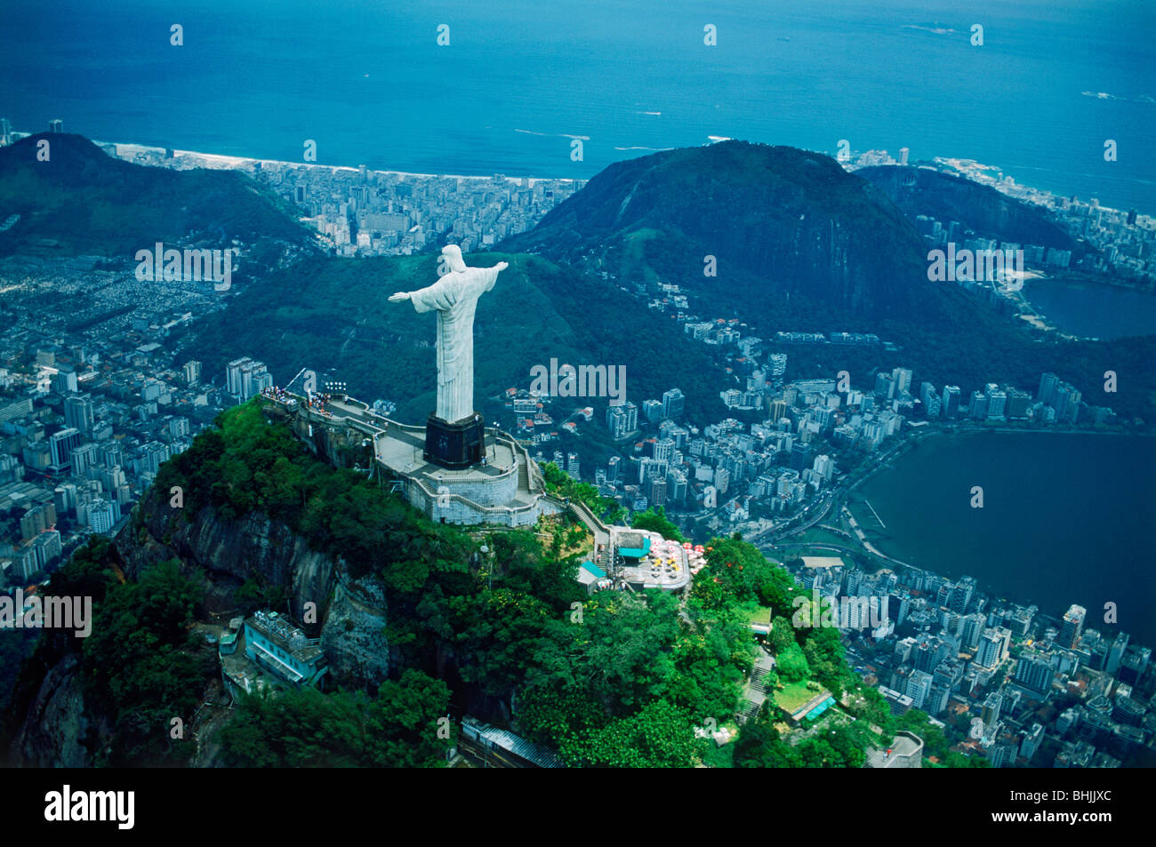 Aerial view of Corcovado above Botafogo Bay and Pao de Acucar in Rio de ...