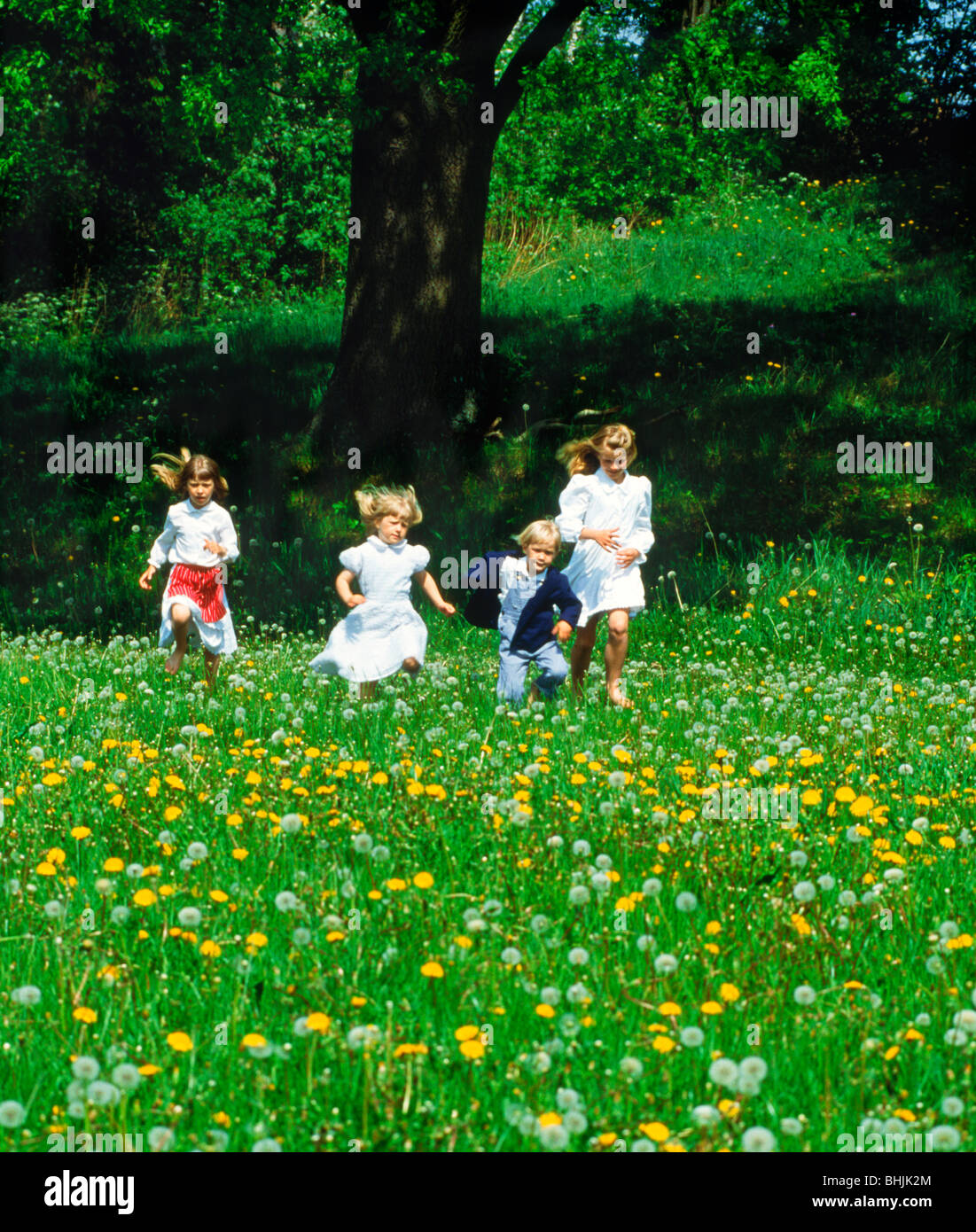 Sisters and brother running across field of wild spring flowers in ...