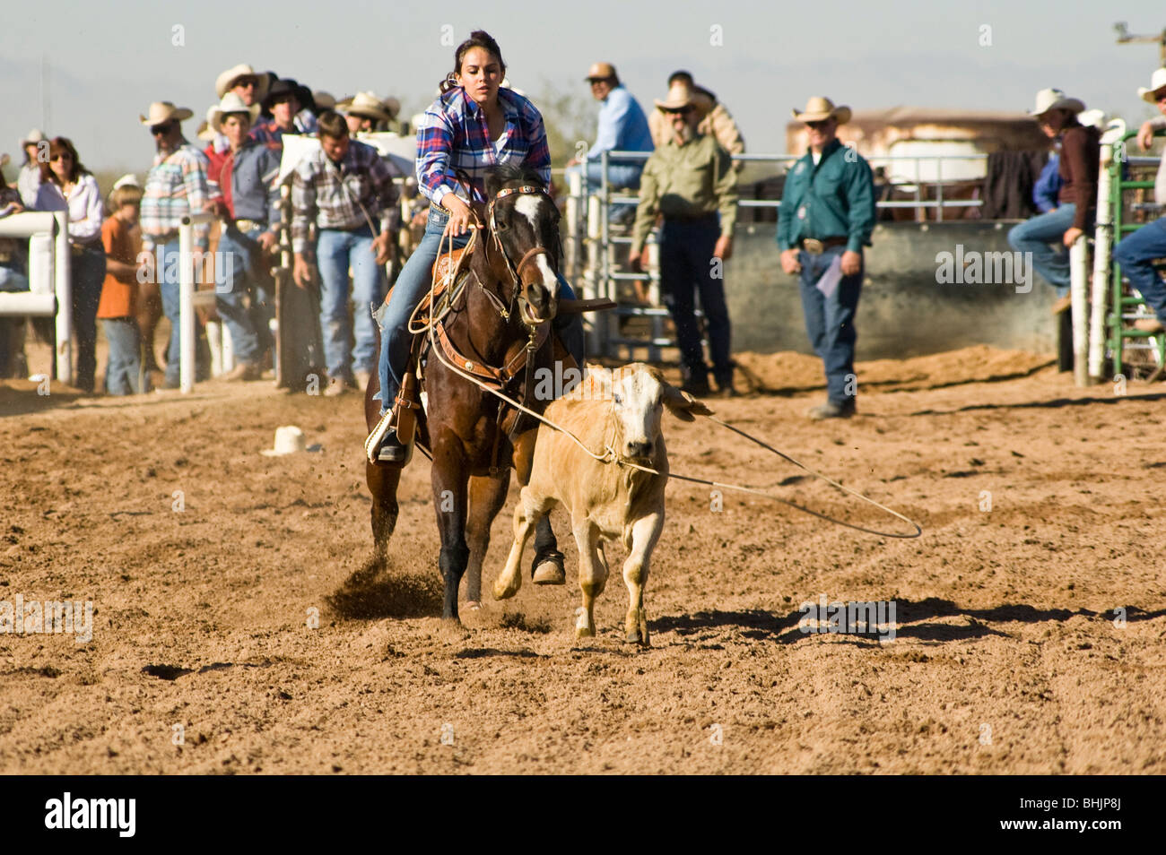 a cowgirl competes in the breakaway roping event during a high shcool ...