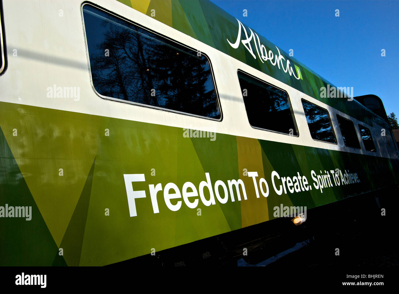 Freedom to Create Spirit to Achieve motto bedecked Alberta Rocky ...