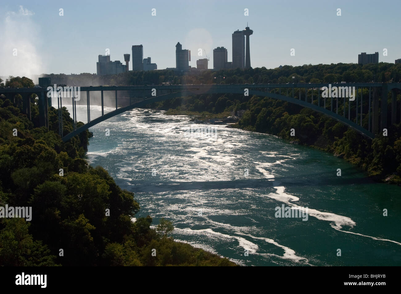 Border bridge over Niagara river with Canadian buildings in the ...