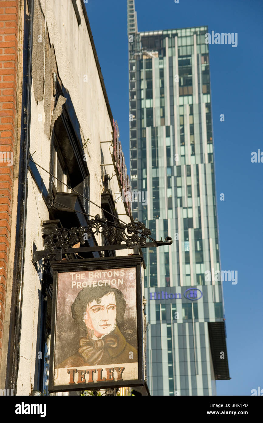 The Britons Protection public house sign and the Beetham Tower ...