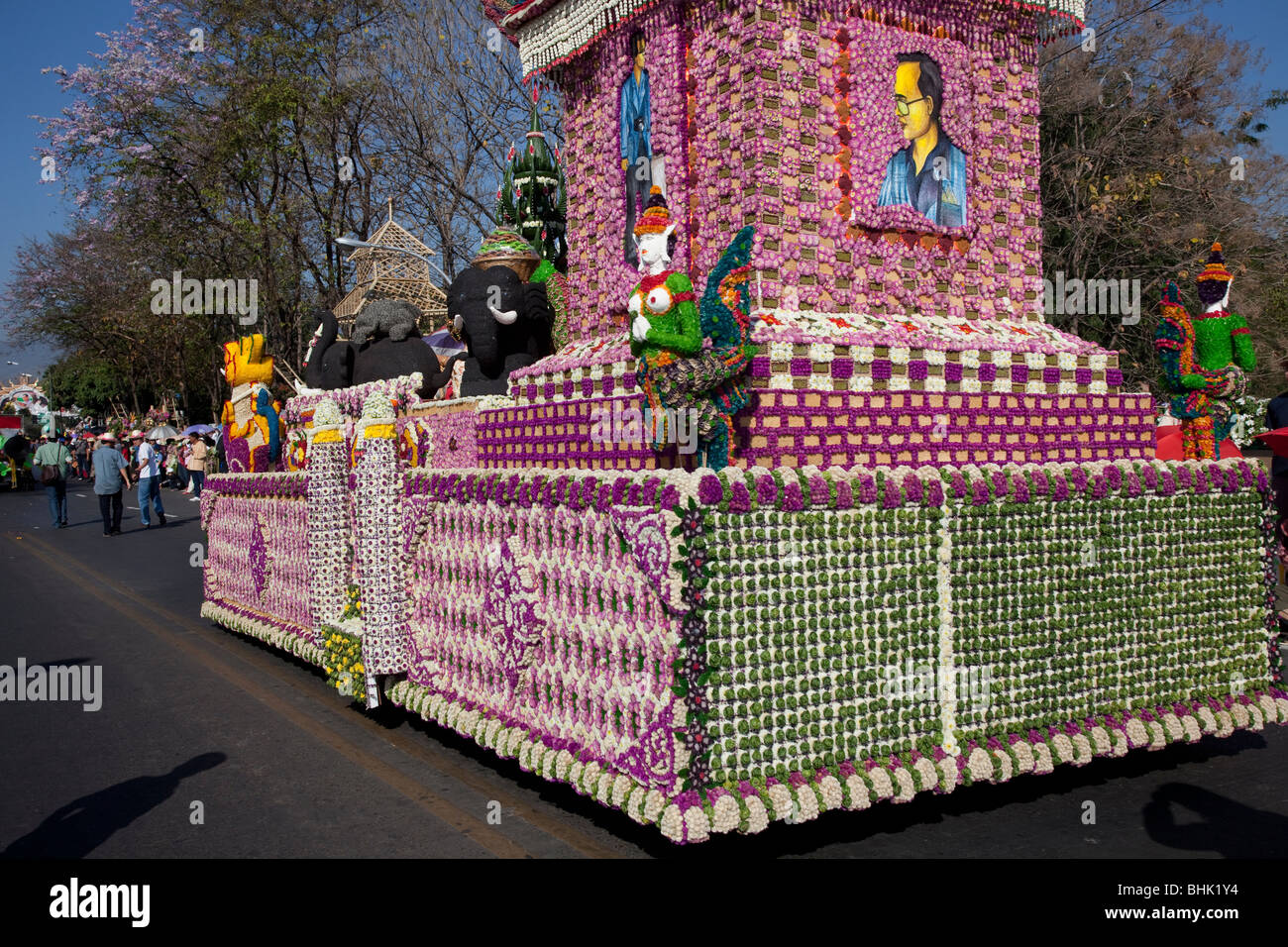 ChiangMai Flower display, ancient & modern floral art gaily decorated bedecked, parade of floats ...