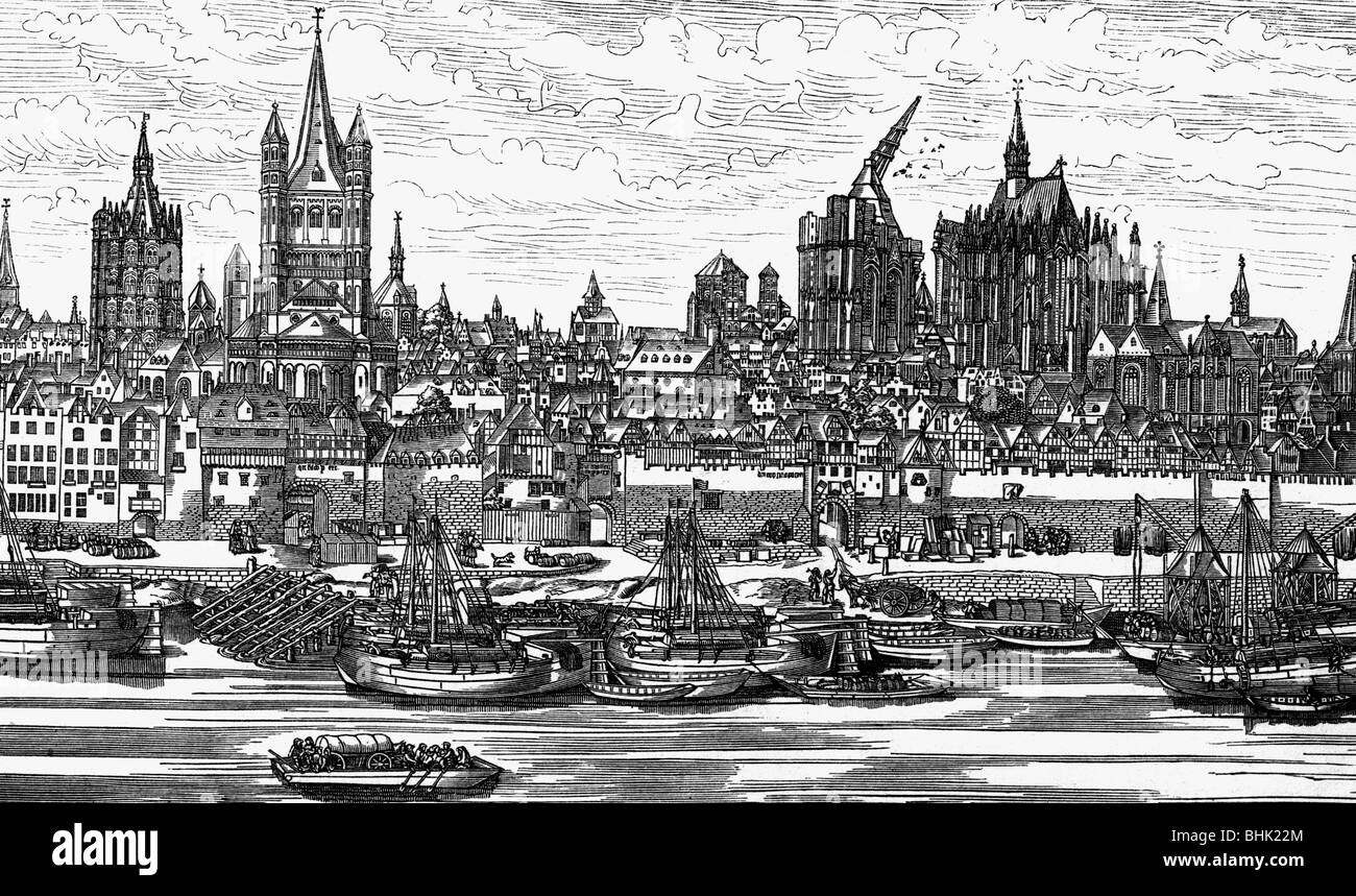 geography / travel, Germany, Cologne, view over river Rhine, woodcut by ...