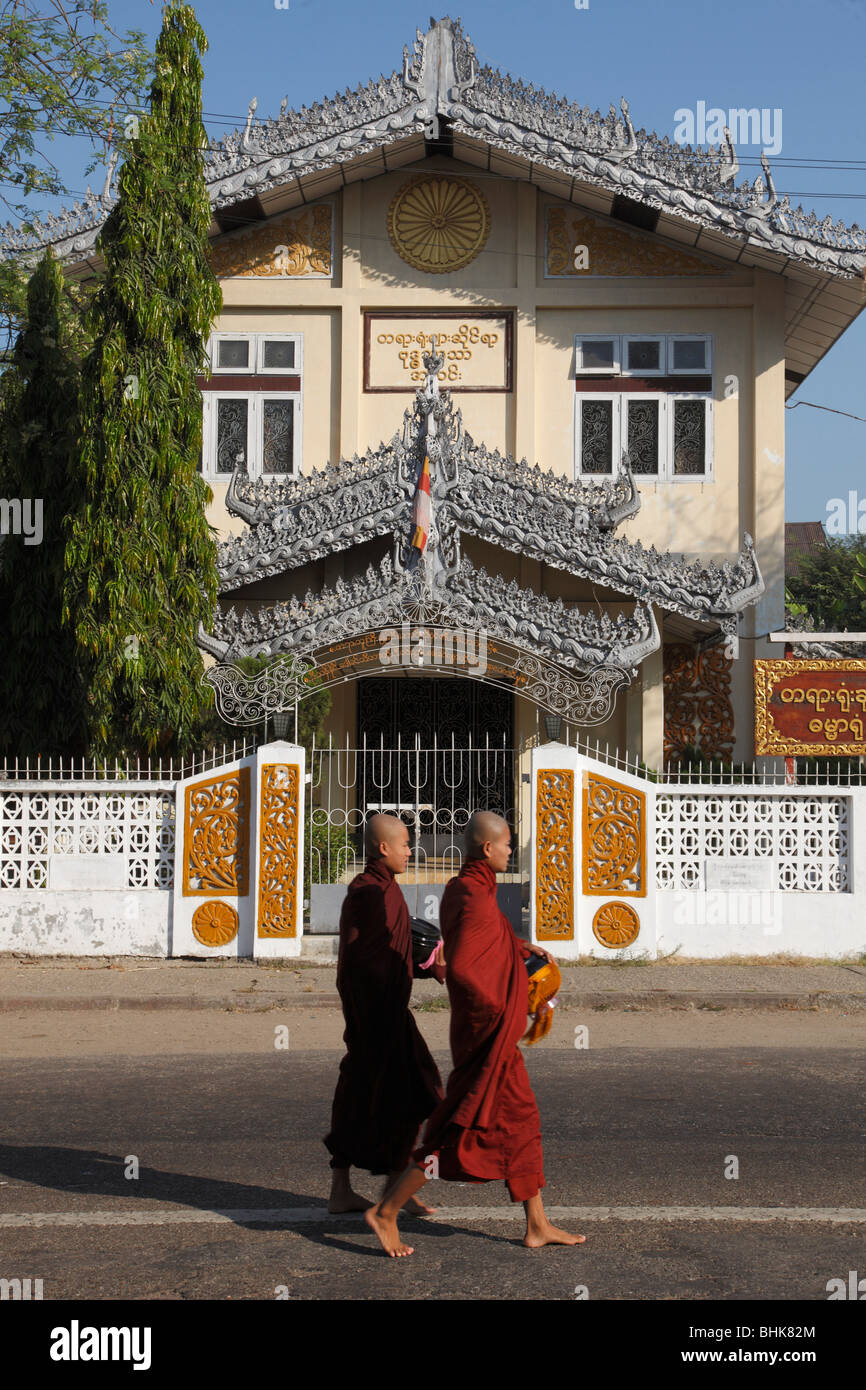 Myanmar, Burma, Yangon, Rangoon, buddhist monastery, monks with alm ...