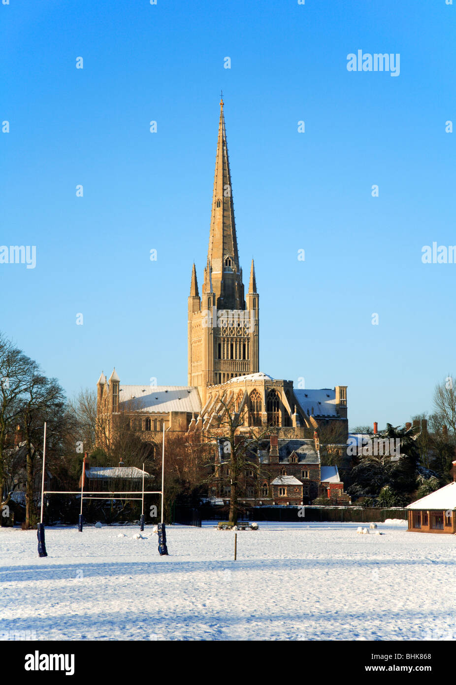 Norwich Cathedral viewed across Norwich School playing fields at ...