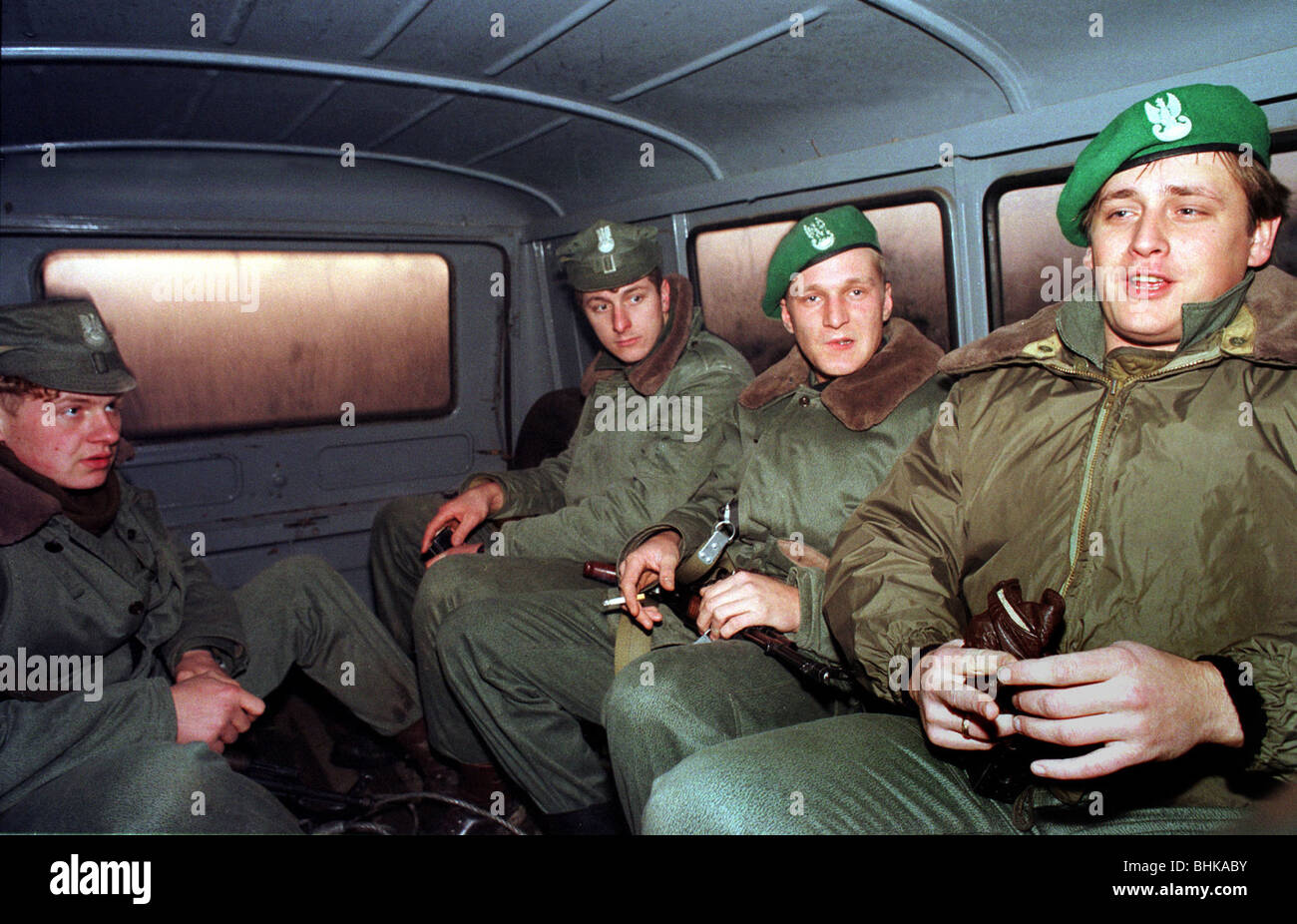 Polish border guard officers in a car on a night patrol at the Polish ...
