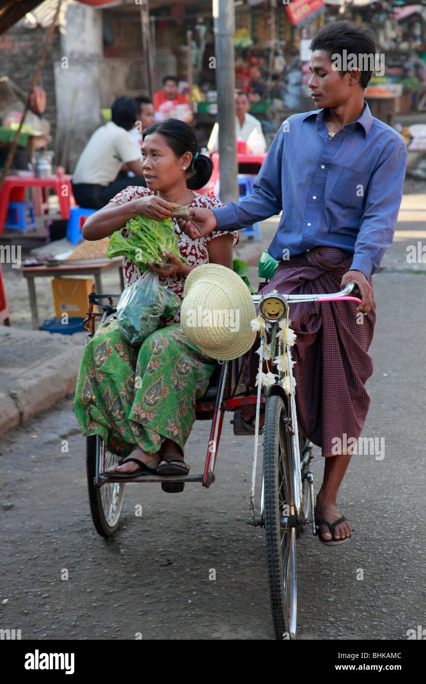 Myanmar, Burma, Yangon, Rangoon, trishaw, driver with passenger Stock ...