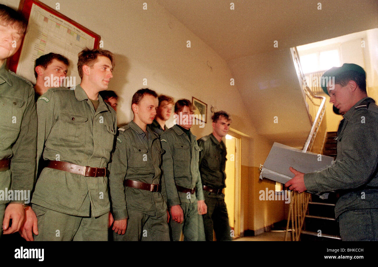 Polish customs officers at a morning assembly in the barracks, Poland ...