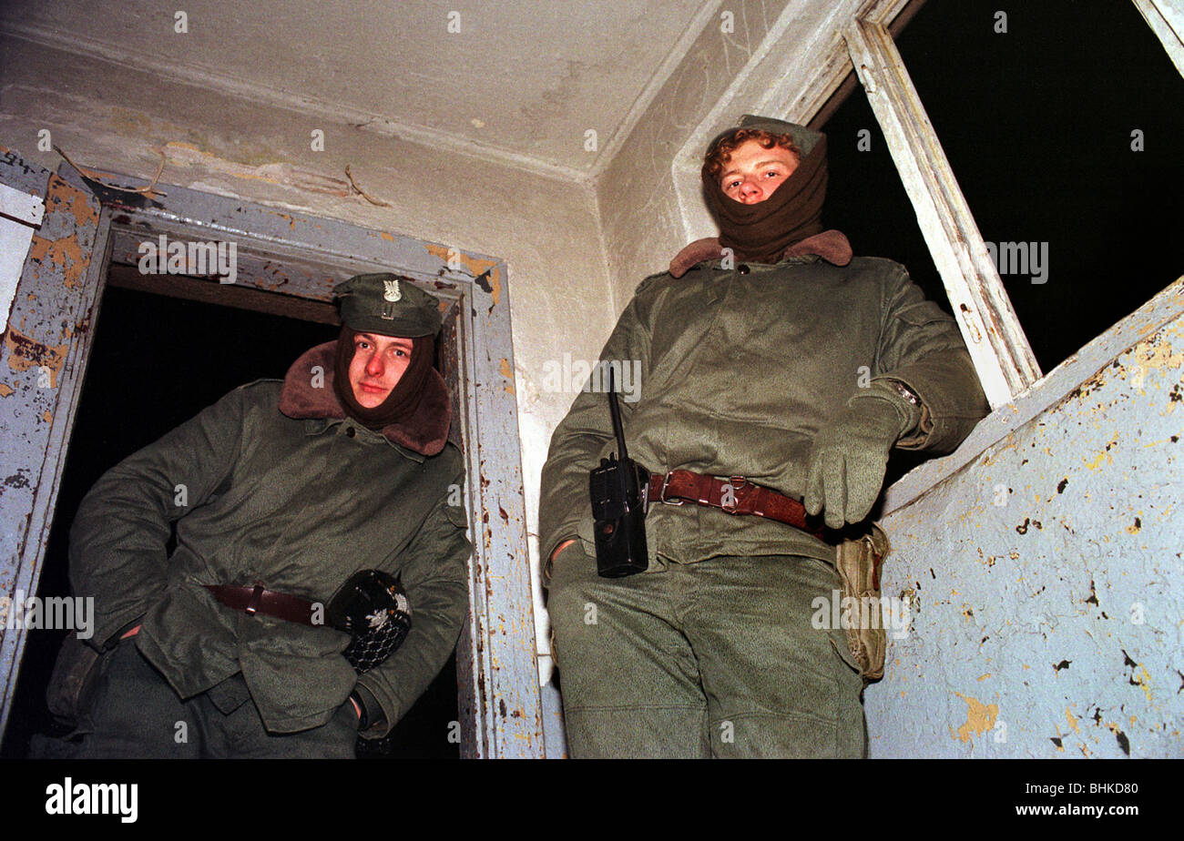 Polish border guard officers at a checkpoint during a night patrol ...
