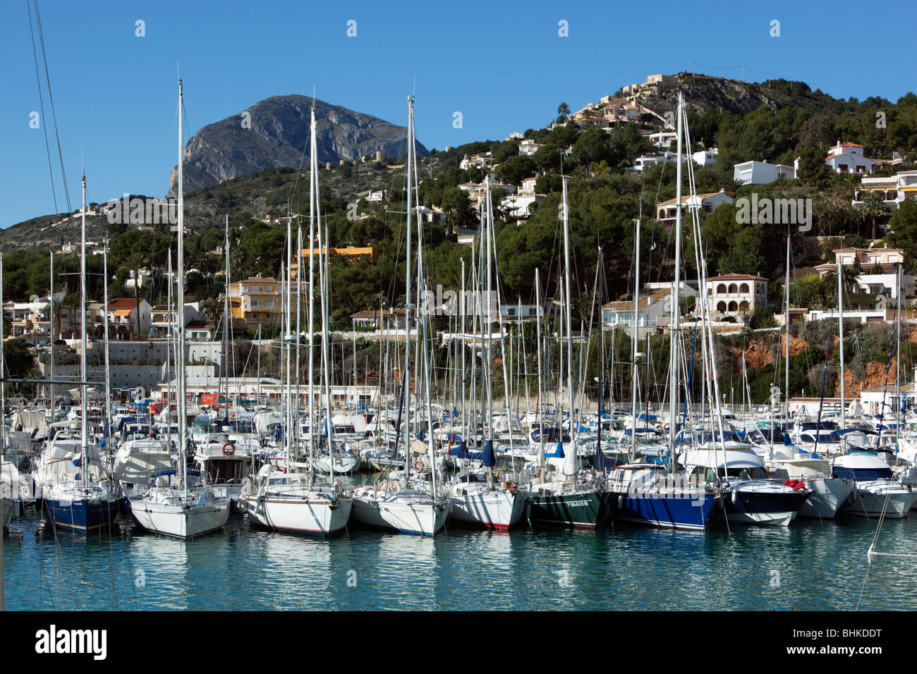 The marina and El Montgo mountain in Javea Stock Photo - Alamy