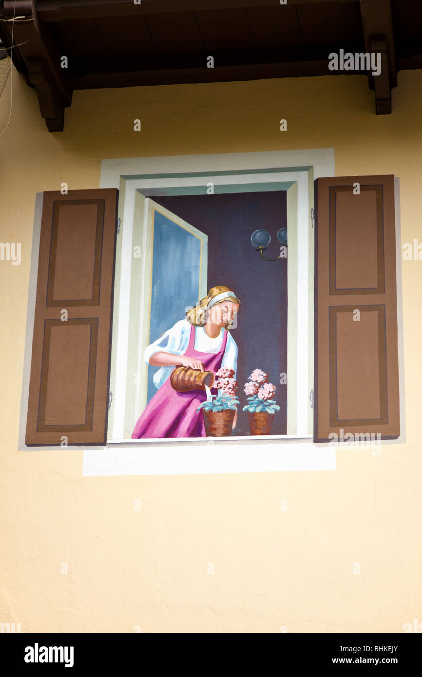 Window painted on the side of a house in Oberammergau, Bavaria, Germany ...