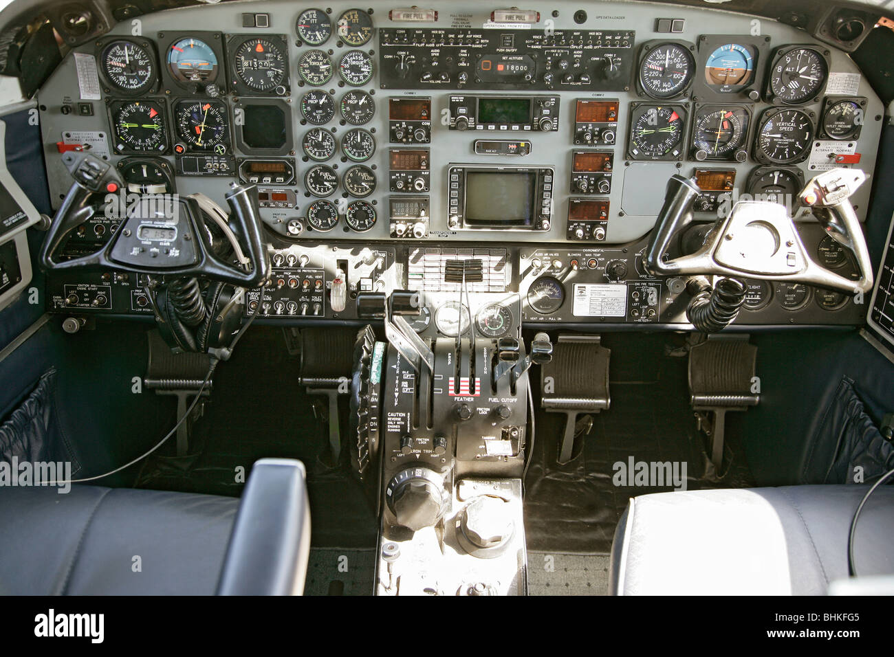 Airplane cockpit with empty pilots seats Stock Photo - Alamy