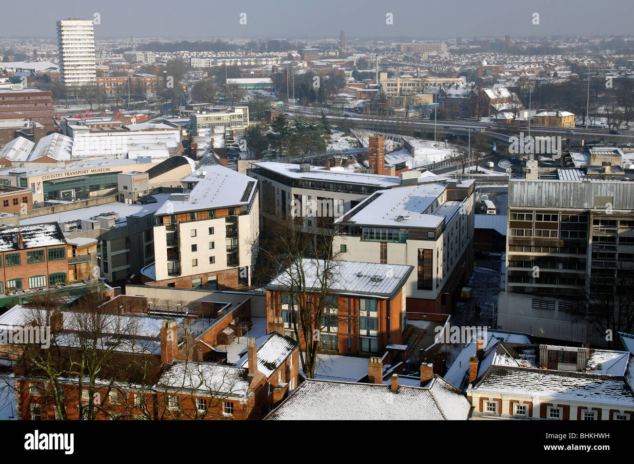 Coventry city centre with snow from Old Cathedral tower, England, UK ...