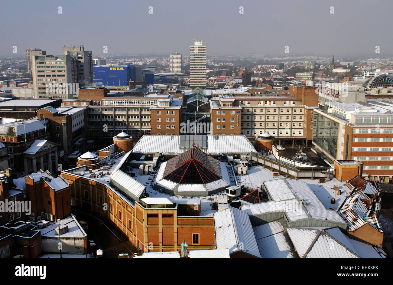 Coventry city centre with snow seen over Broadgate from Old Cathedral ...