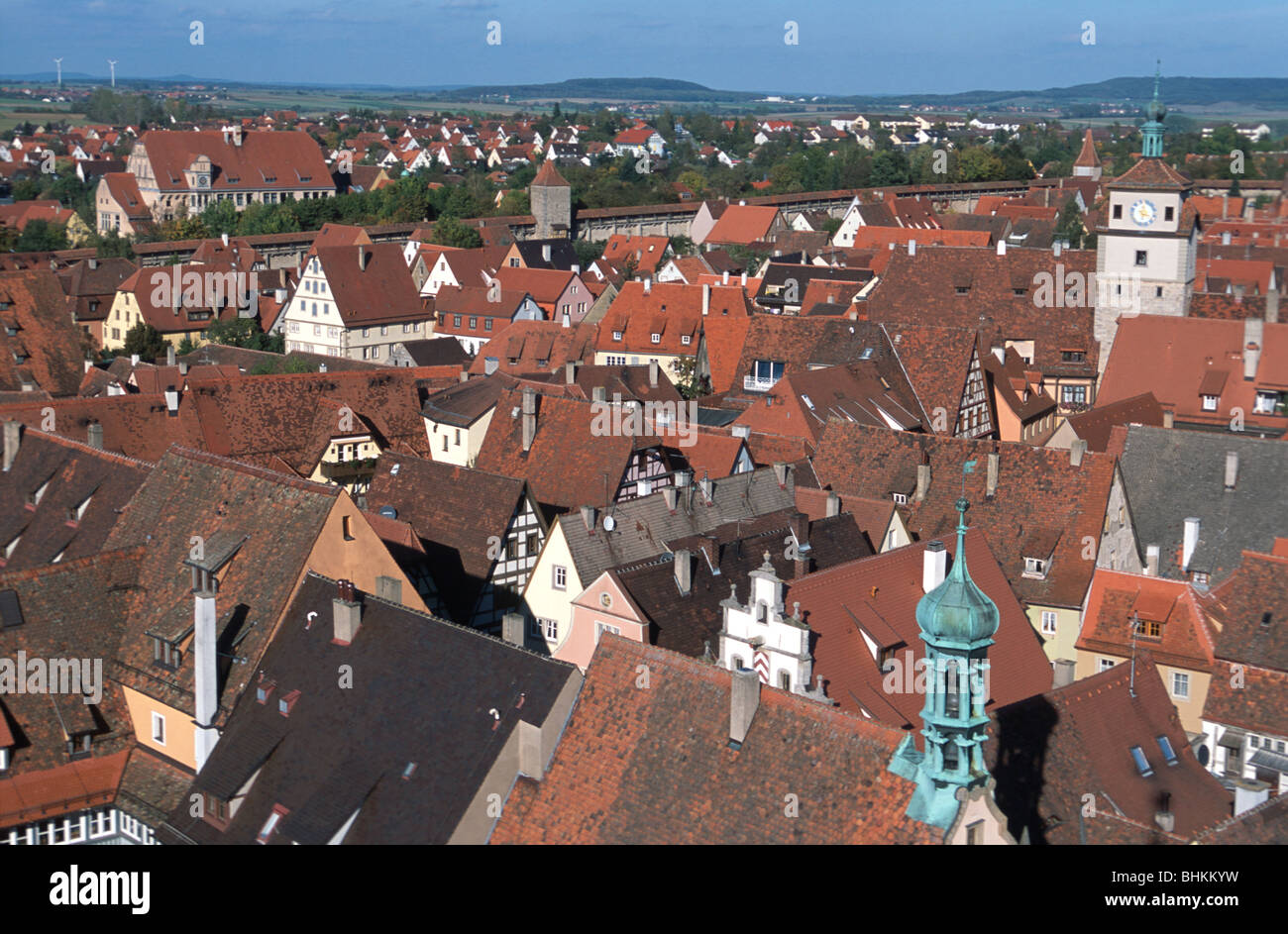 View of the town of Rothenburg-o-d-T and town wall from the Rathaus ...