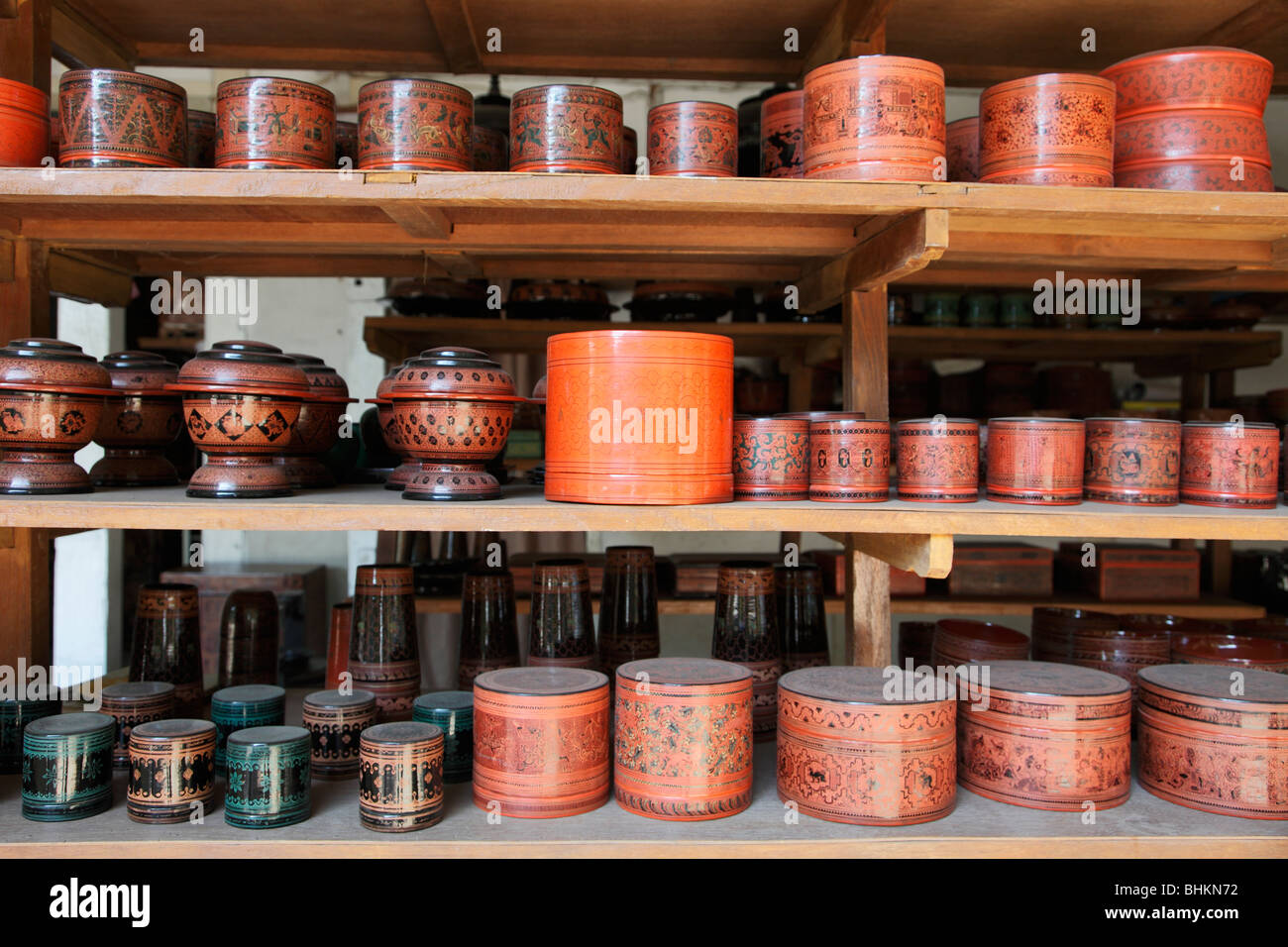 Myanmar, Burma, Bagan, Myinkaba, lacquerware display Stock Photo - Alamy