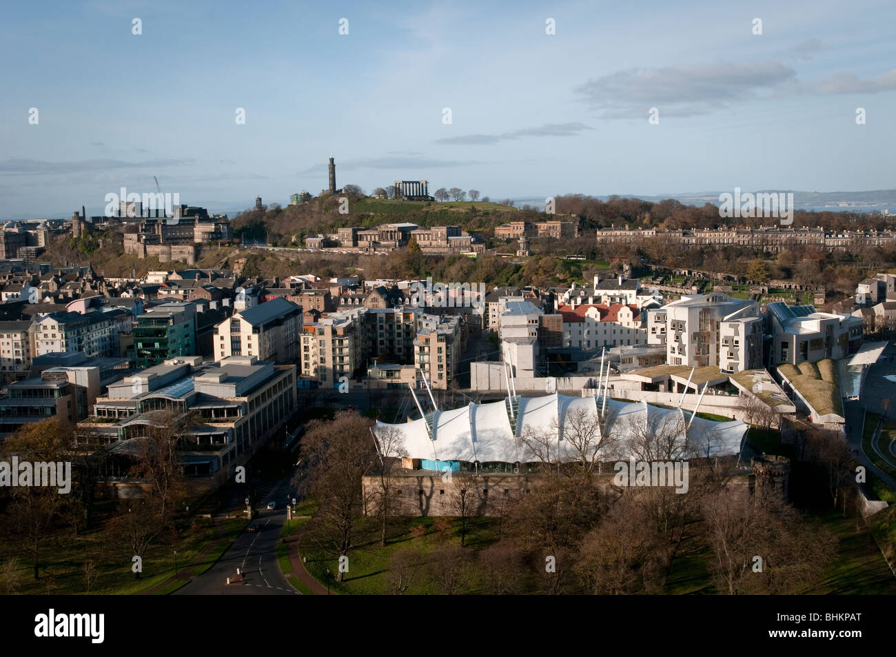 View of Edinburgh including Our Dynamic Earth and Scottish Parliament ...