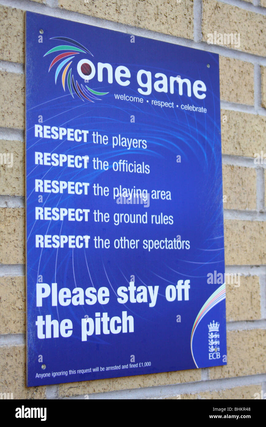 An E.C.B. One Game Respect sign at a cricket ground in the U.K Stock ...