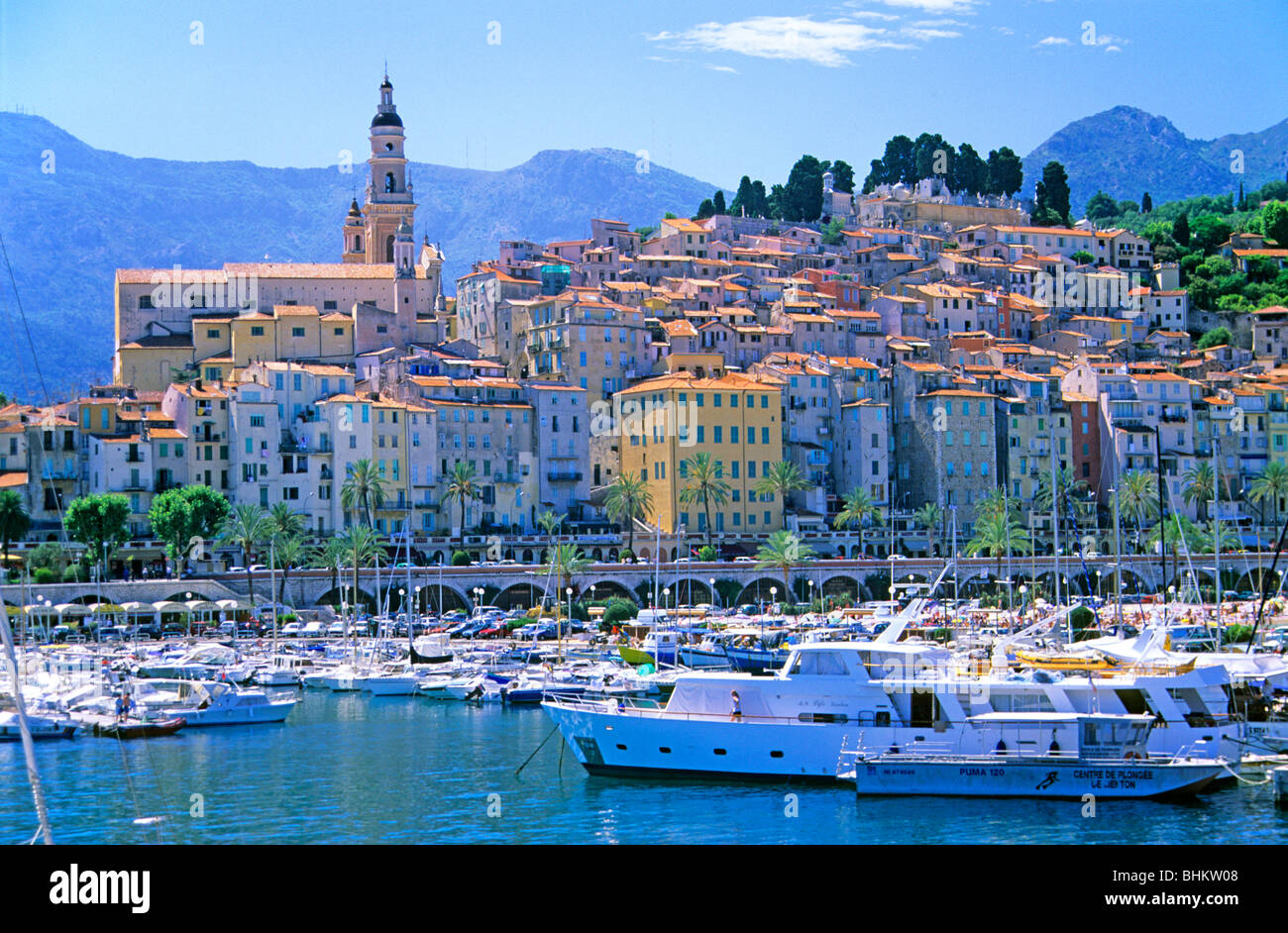 old town and marina of Menton near the Italian Border, Cote d´Azur ...